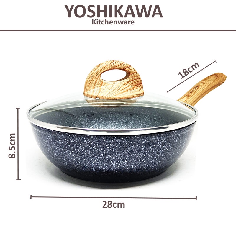 Jual Yoshikawa Wok Pan Marble Ceramic 28cm + Tutup Kaca Anti Lengket | Panci Keramik Alat ...