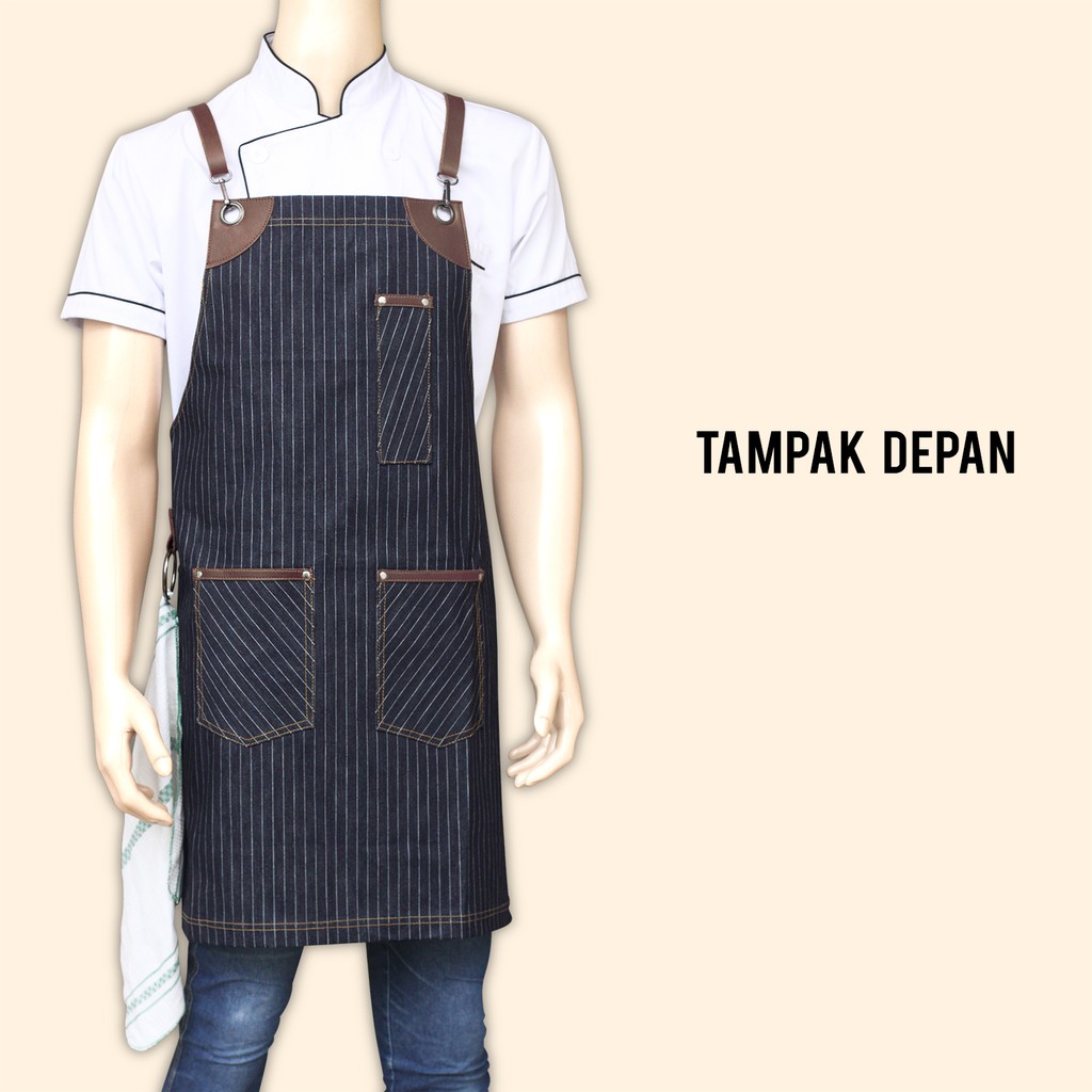 Jual Apron Barista - Jeans Stripe (coklat tua) | Shopee Indonesia