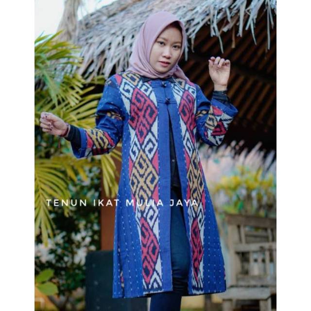 Jual Long Outer batik tenun original busana muslim wanita navy | Shopee ...