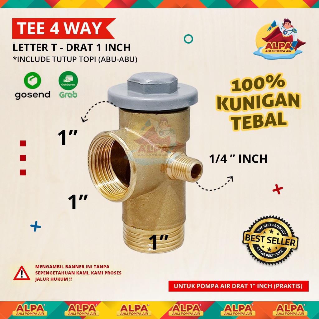 Jual TEE 4 WAY (Kuningan Tebal) + Tutup Topi - Letter T Drat 1" INCH ...