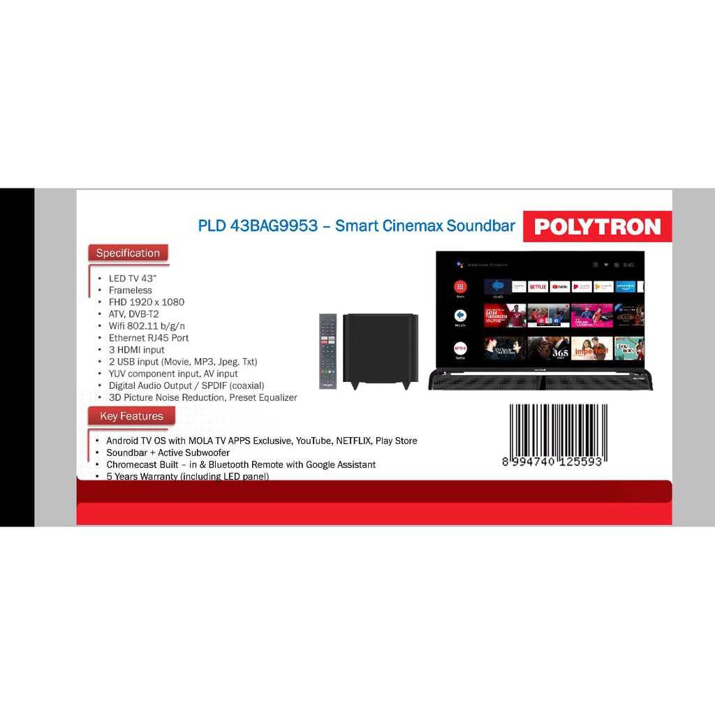 Jual POLYTRON PLD 43 BAG 9953 + SUBWOOFER SWF 0251 - SMART ANDROID TV LED 43 + USB MOVIE ...