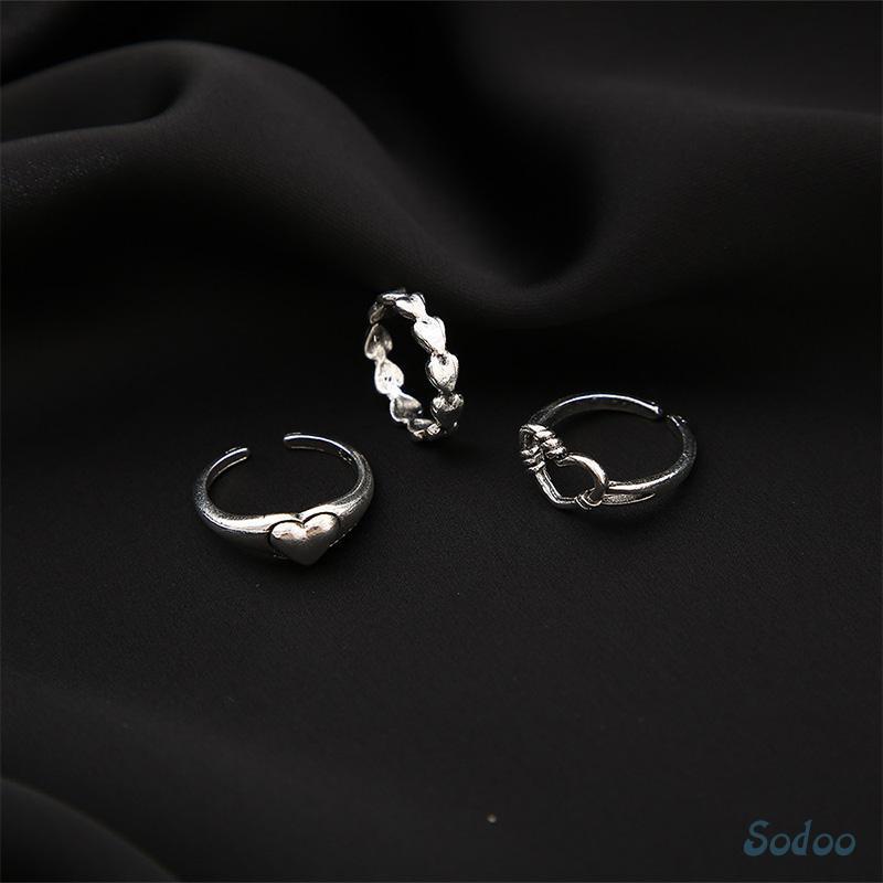 Jual 3pcs Cincin set korea Model Terbuka Desain Gelombang Hati Warna cincin Silver Gaya Vintage ...
