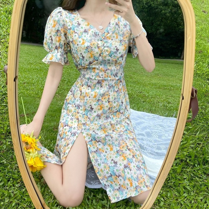 Jual Gaun a-line split mid-length musim panas puff lengan pendek dress ...