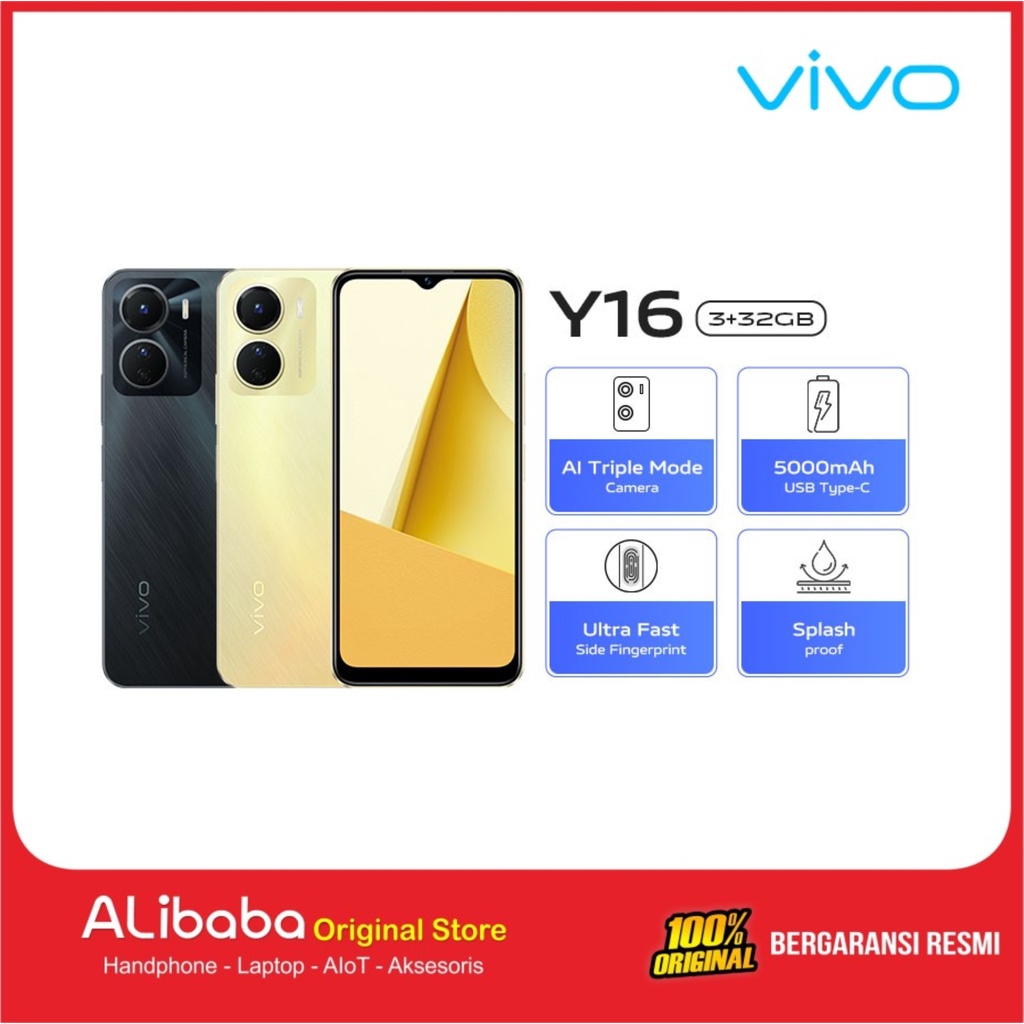 Jual Vivo Y16 4/128GB - 5000mAh + USB Type-C, Ultra Fast Side Fingerprint | Shopee Indonesia