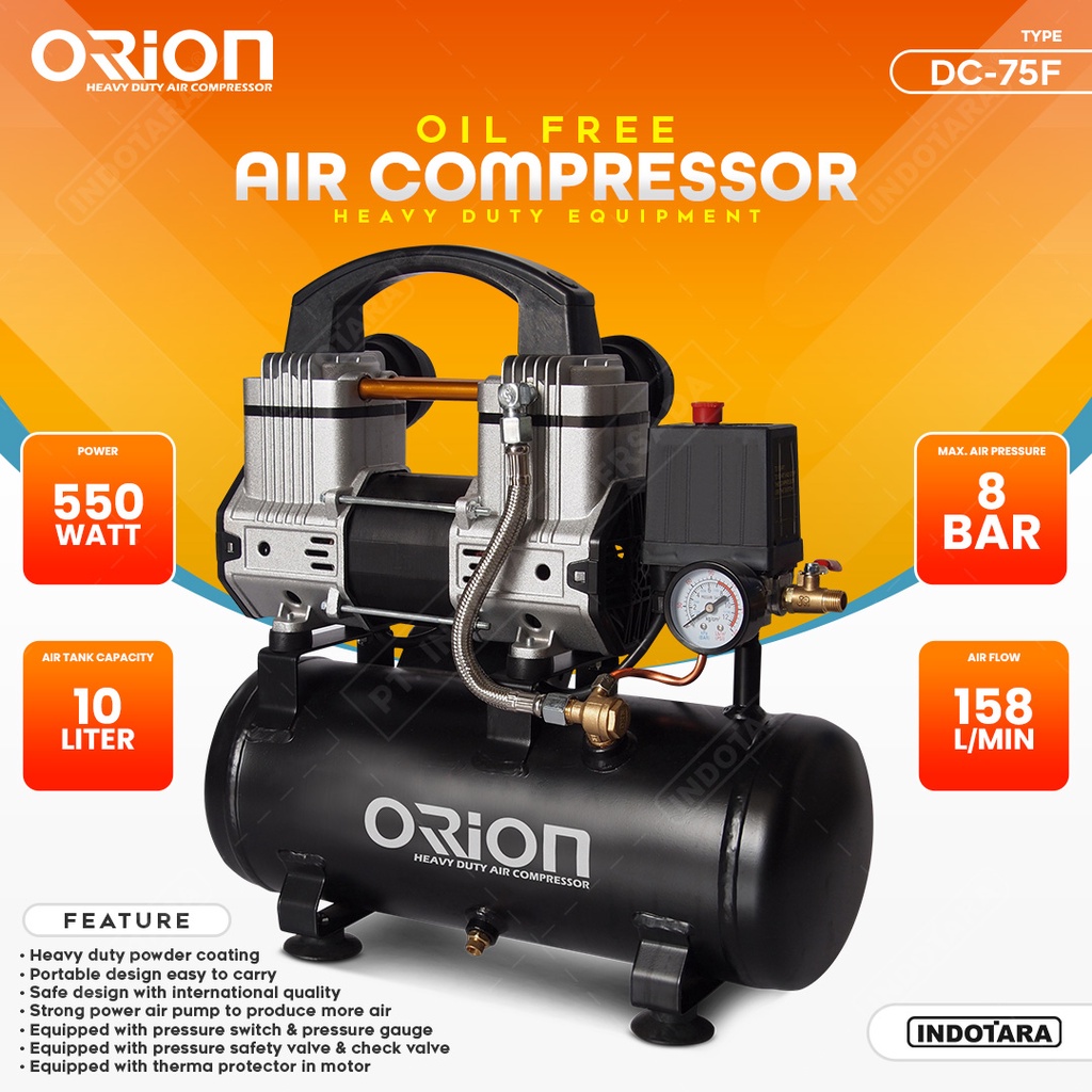 Jual Kompresor Angin Oil Free 0.75 Kw 3/4 HP 10L Air Compressor Orion ...