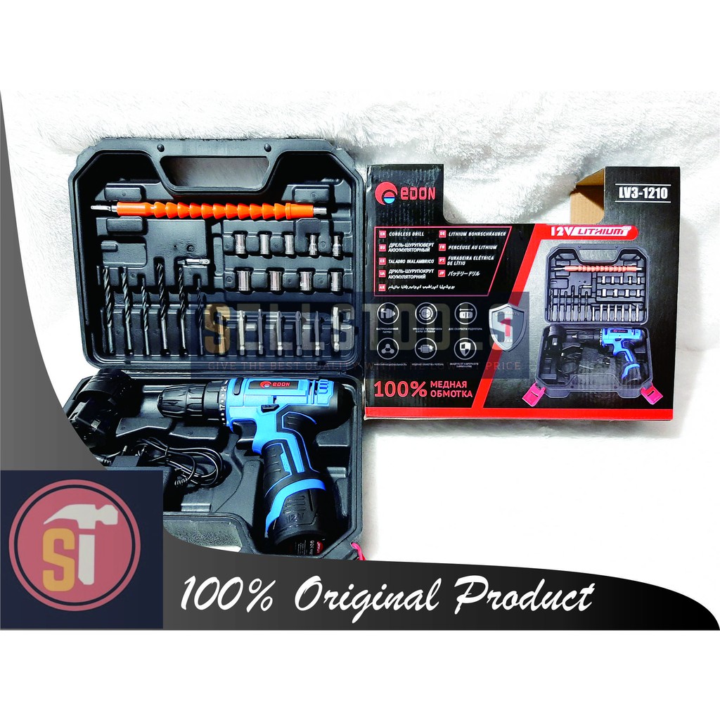 Jual Edon 12V Mesin Bor Cas 10mm Cordless Drill dengan 2 Baterai ...