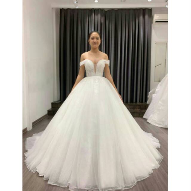 Jual Pre Order gaun pengantin berlengan sabrina baju pengantin cantik ...