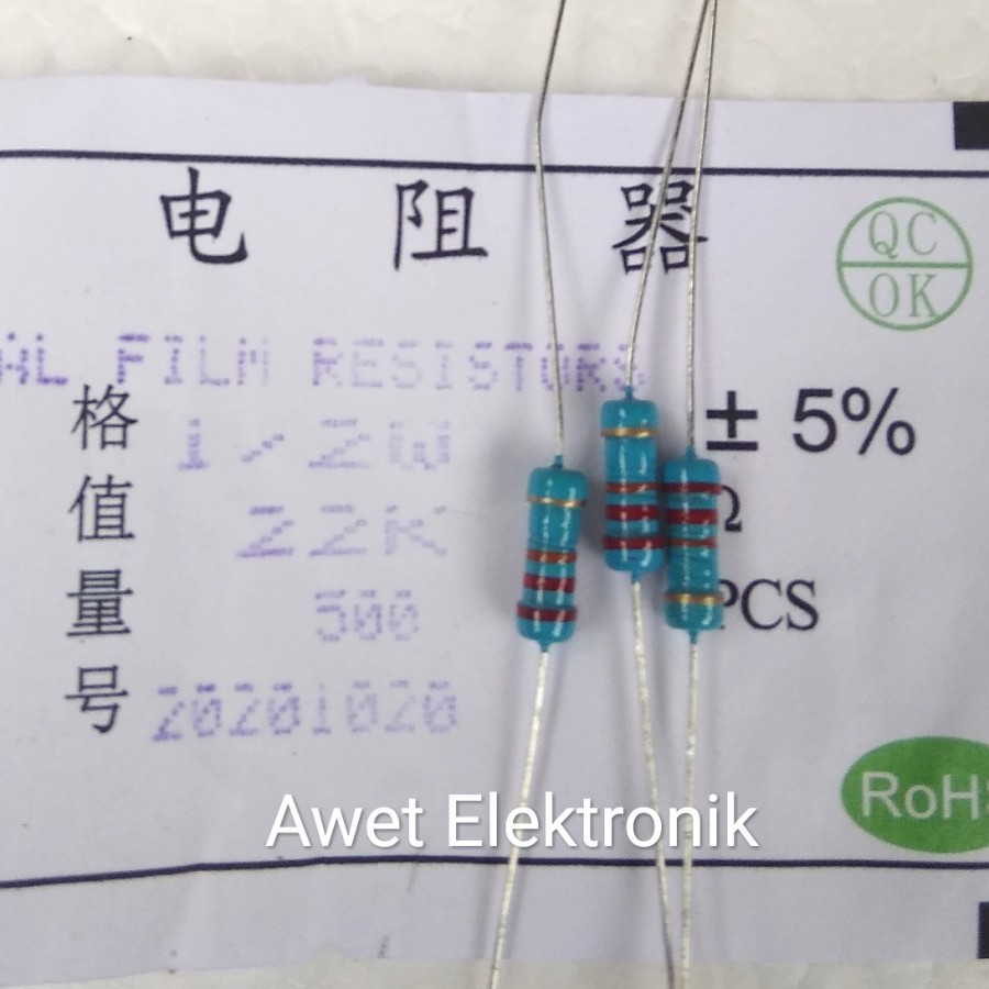 Jual resistor 22k ohm 1/2 watt resistor 22k 1/2w resistor 22K 1/2W ...