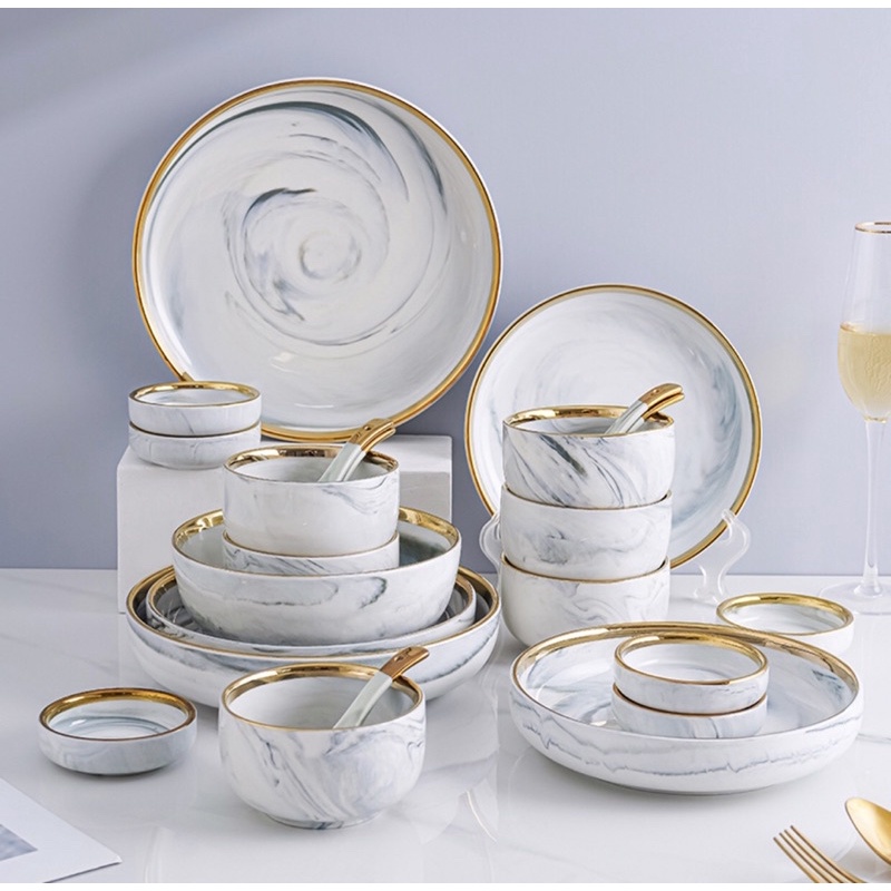 Jual Piring set cantik marmer marble mewah hampers hadiah Lebaran Natal ...