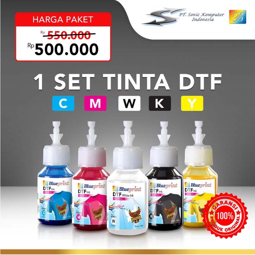 Jual PAKET Tinta DTF BLUEPRINT ORIGINAL , DTF INK 100ml CMYKW , Print Baju , Sablon , Textile ...