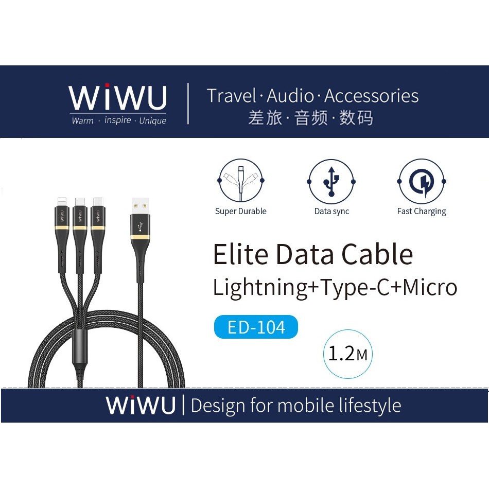 Jual WIWU ELITE Data Cable ED-104 3in1 Nylon Braided Fast Charging 3A 1 ...