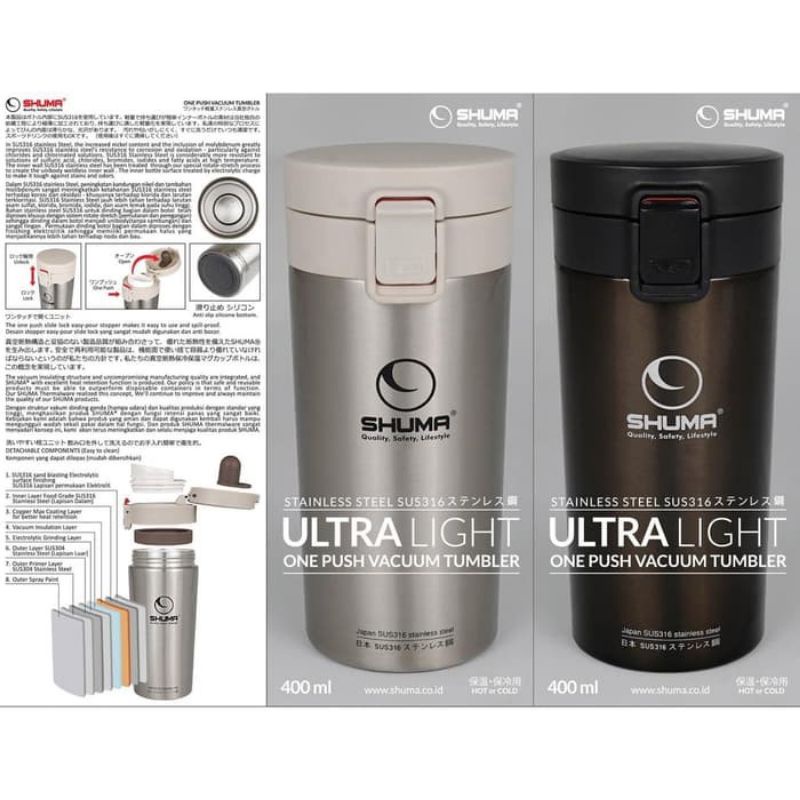 Jual Tumbler Shuma Stainless Steel Ultra Light One Push 400 ml | Shopee ...