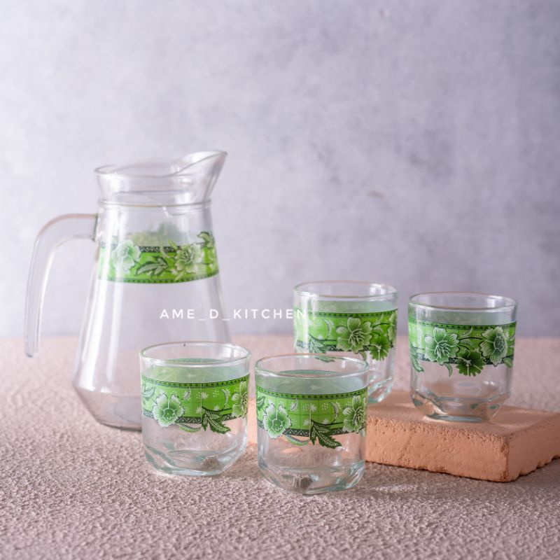 Jual Drink set kaca bunga hijau isi 5 pcs "spring set" | Shopee Indonesia