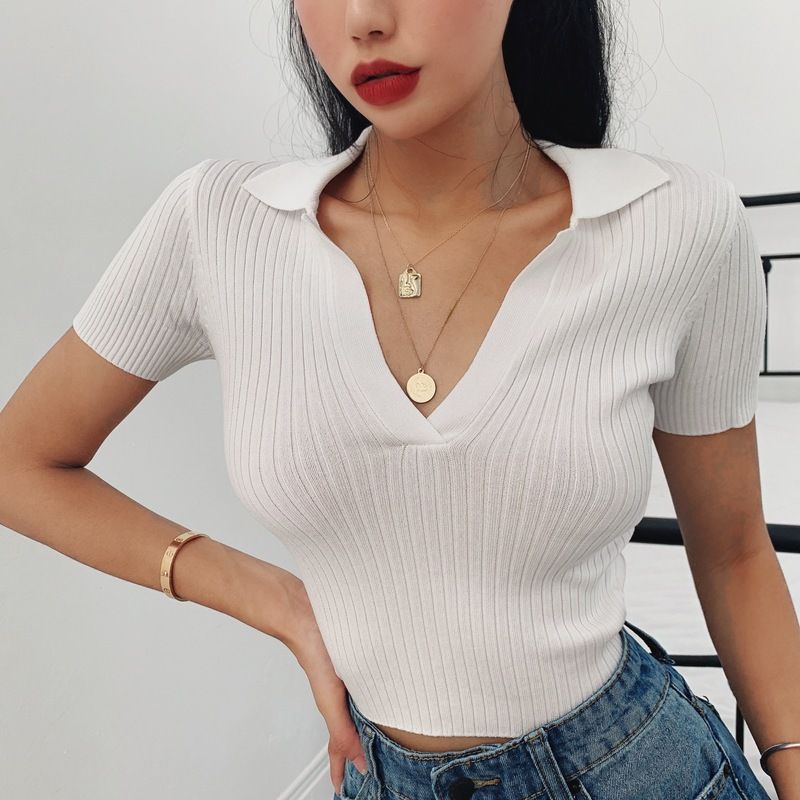 Jual Korean Vneck Crop Top Blouse / Polo Shirt Atasan Wanita VTOP | Shopee Indonesia