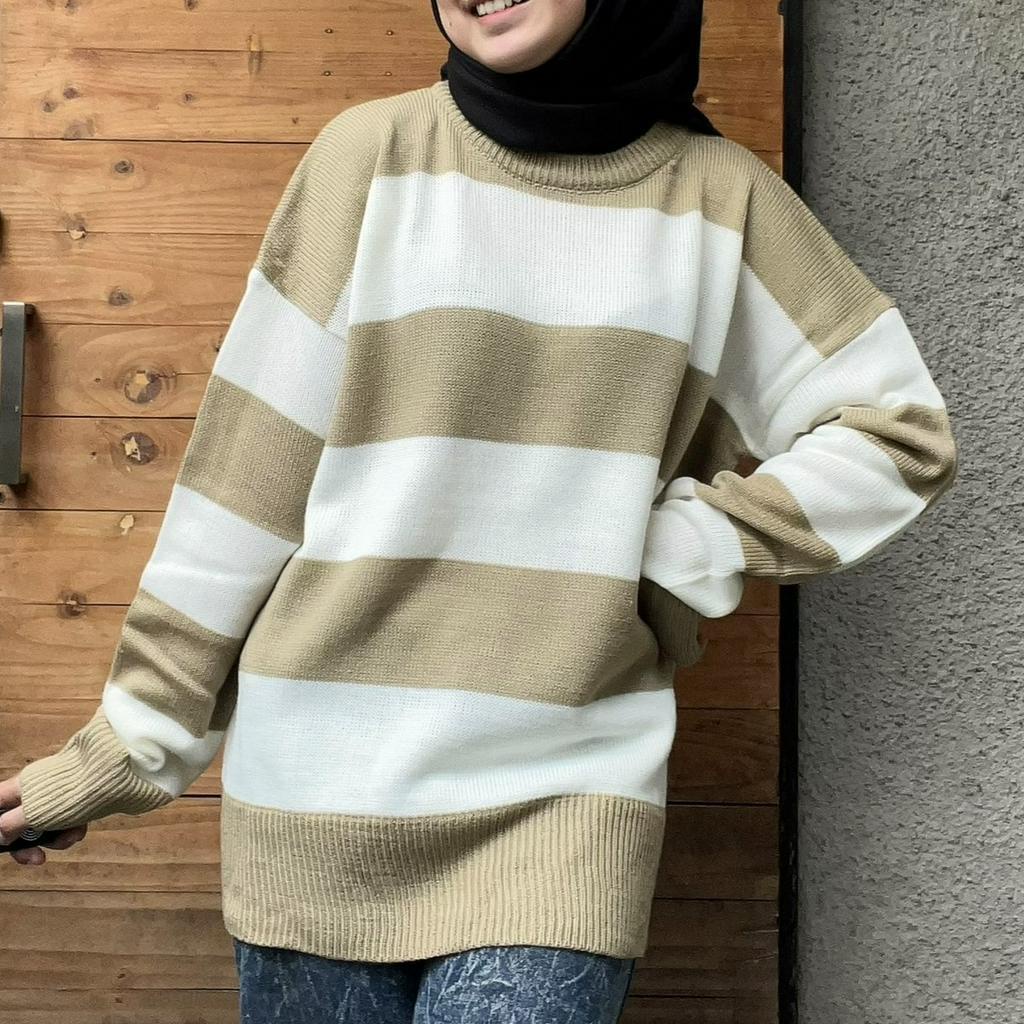 Jual Korla Sweater Rajut Oversize Salur Rugby fit to XL + set Kulot ...