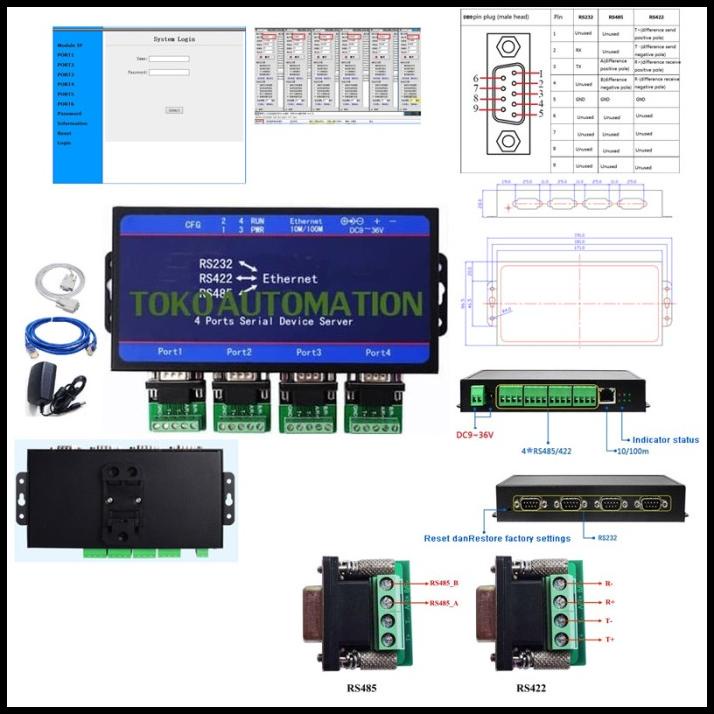 Jual Ay25 4 Ports Serial Server Rs232 Rs485 Rs422 To Ethernet Modbus ...