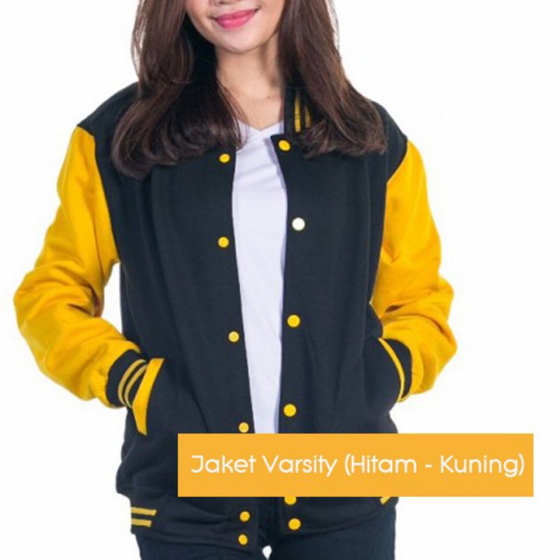 Jual JAKET VARSITY POLOSAN KANCING HITAM KUNING BASEBALL COTTON FLEECE ...