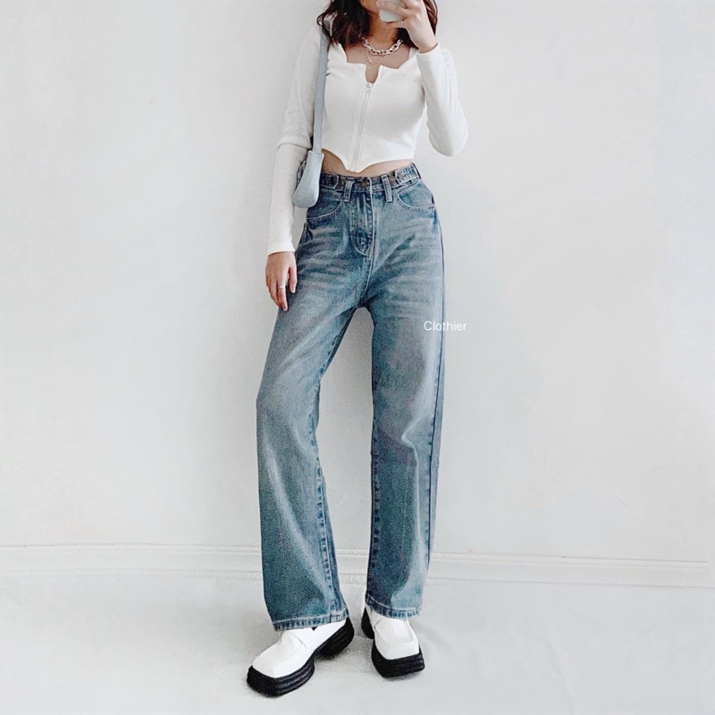 Jual CLOTHIER - Hazel Adjustable Jeans | Baggy Vintage Light Blue Wide ...