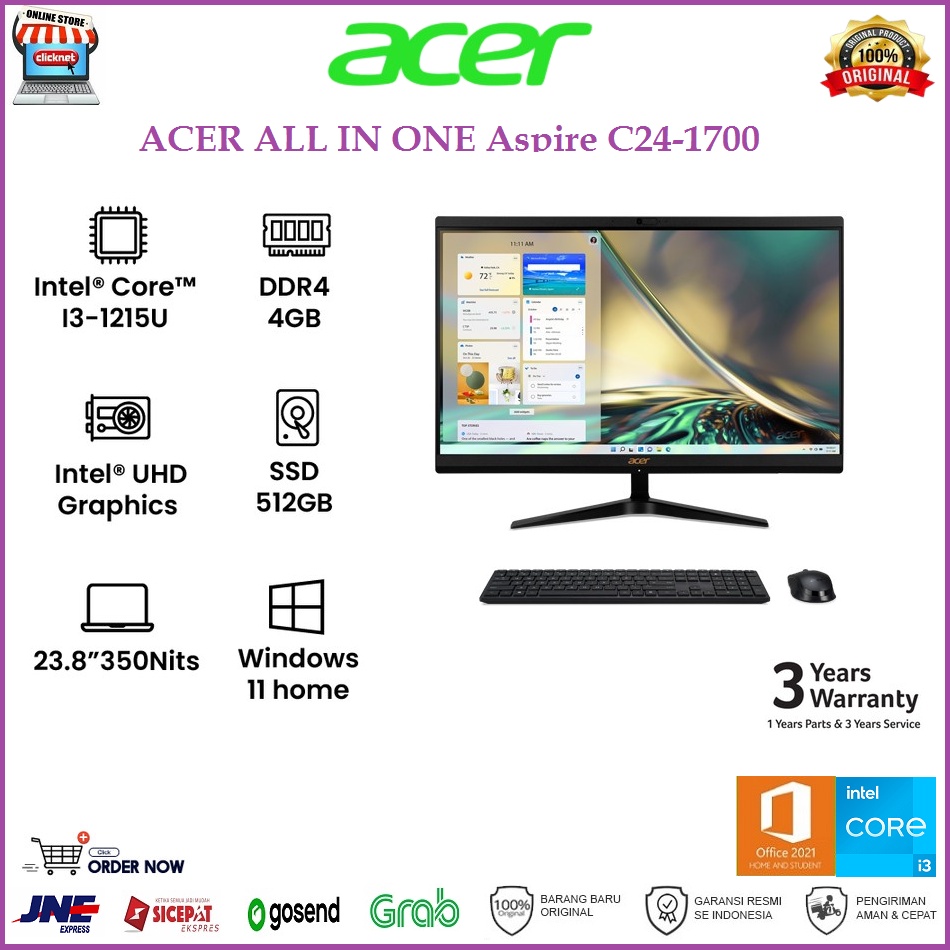 Jual ACER Aspire ALL IN ONE C24-1700 I3-1215U 4GB 512GB SSD WIN11 OHS ...