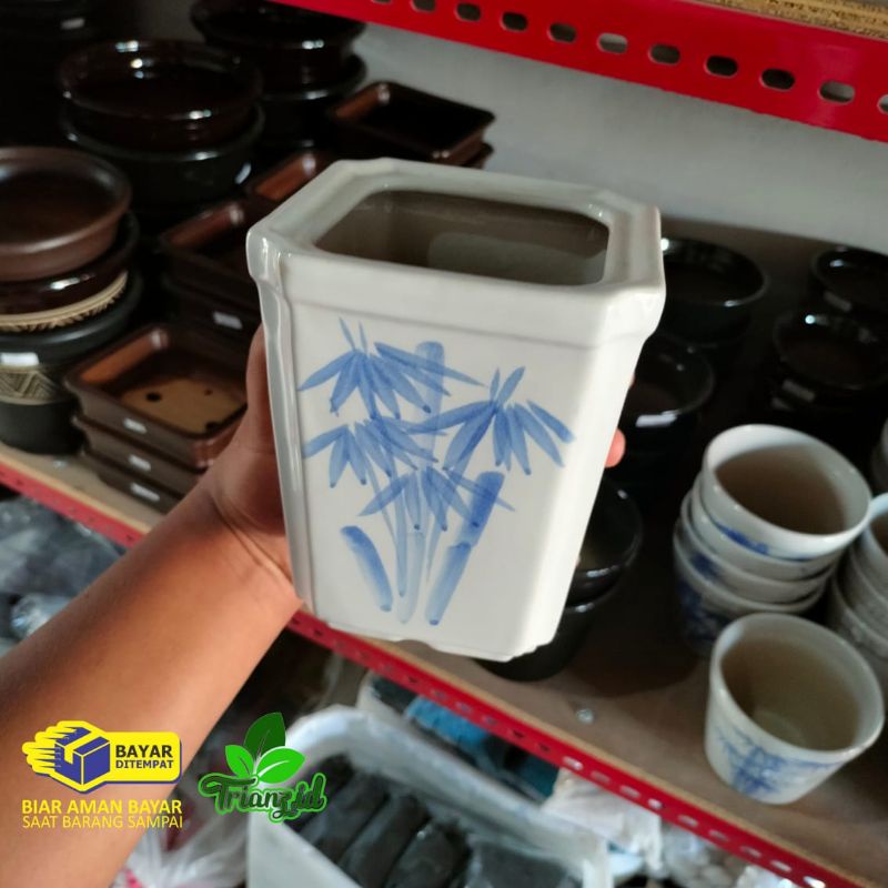 Jual pot bonsai kotak tinggi keramik motif bambu putih ukuran 15 ...