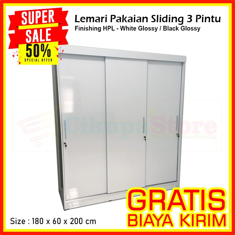 Jual Lemari Pakaian 3 Pintu Sliding Finishing HPL - Putih Glossy (Tag: Lemari Baju, Swing, Duco ...