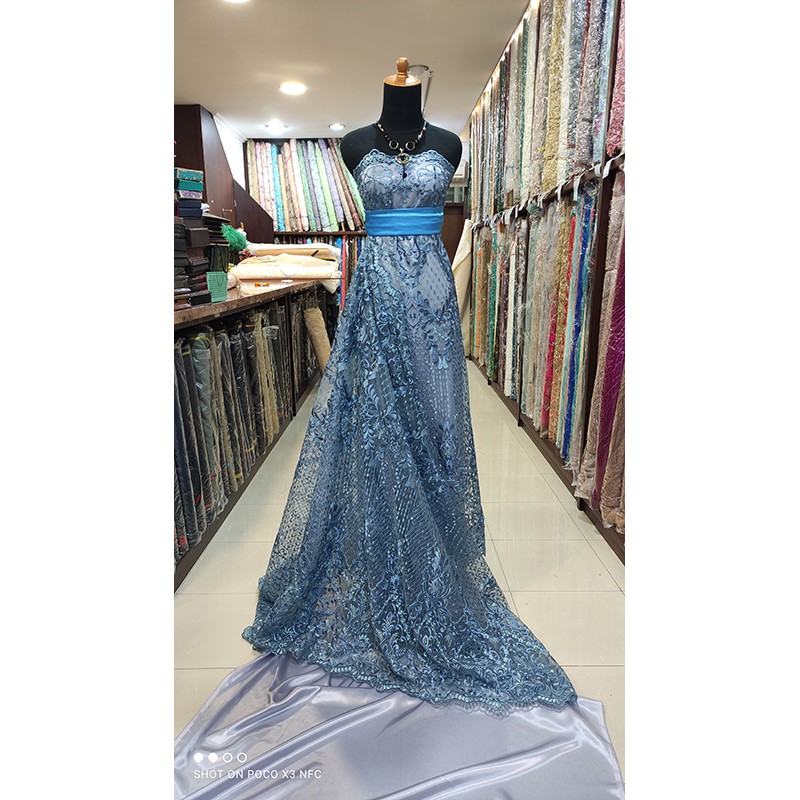 Jual Kain Tile Lace Brokat Dress KEBAYA Bridal Bridesmaid Payet Biru ...