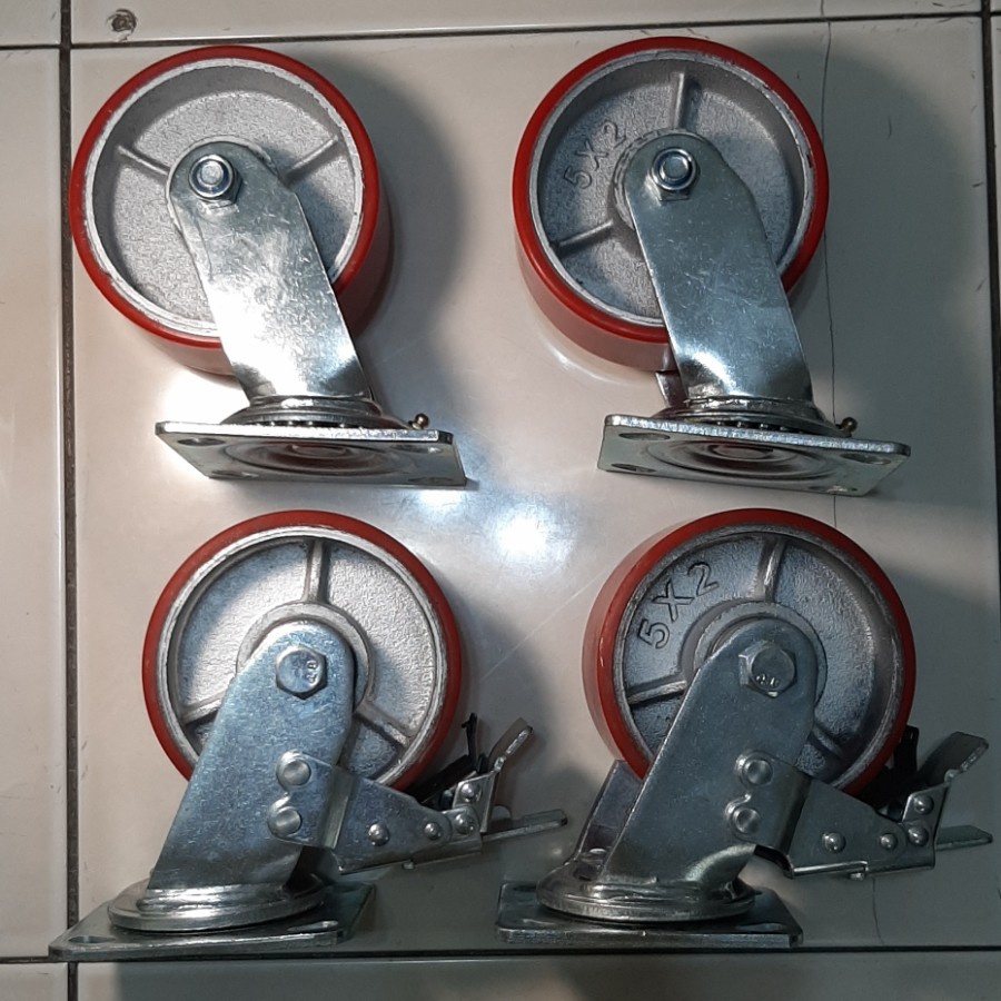 Jual roda pu heavy duty 5 inch 1set/4pcs(2 putar 2 rem) | Shopee Indonesia