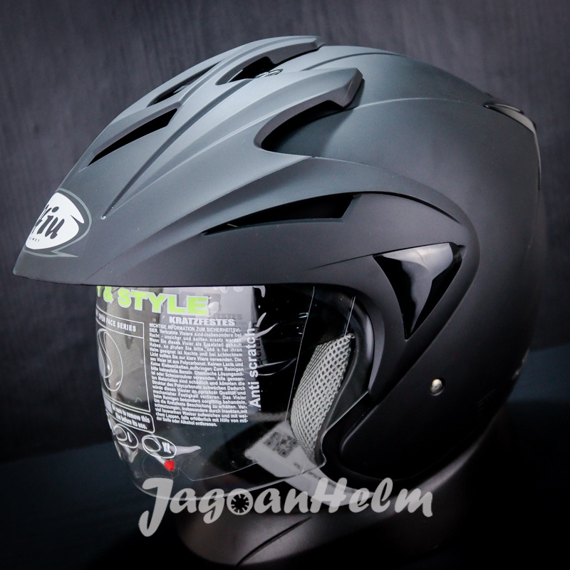 Jual HIU Helm Arrow | Black DOFF | Halfface Double Visor | Shopee Indonesia