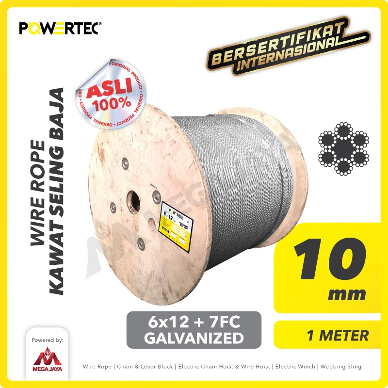 Jual POWERTEC Wire Rope / Kawat Seling Baja 6x12 7FC 10mm Galv - 1 Meter | Shopee Indonesia