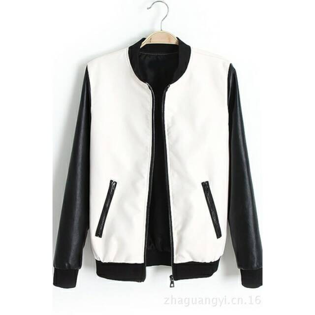Jual Jaket bomber baseball semi kulit pria hitam putih black and white ...