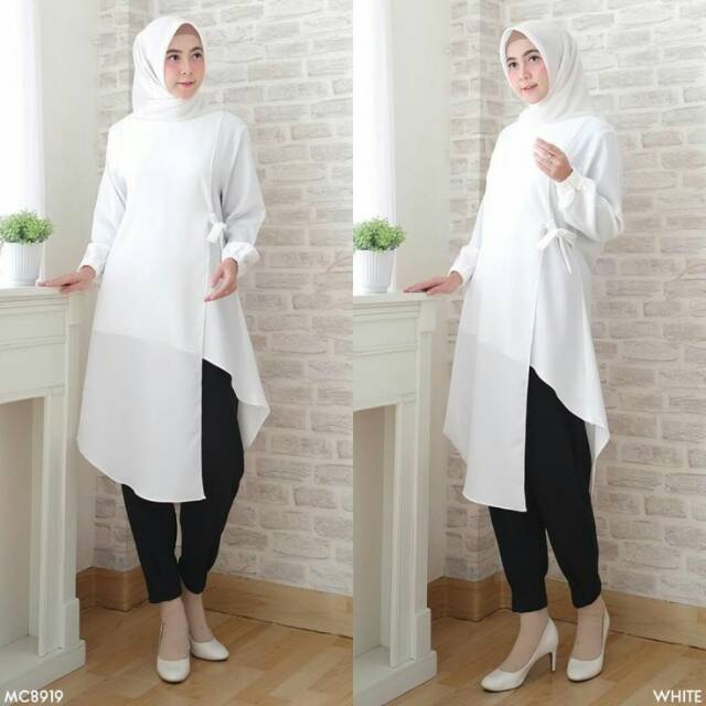 Jual Tunik putih polos Simple Kombinasi Layer Depan Dengan Tali Ikat ...