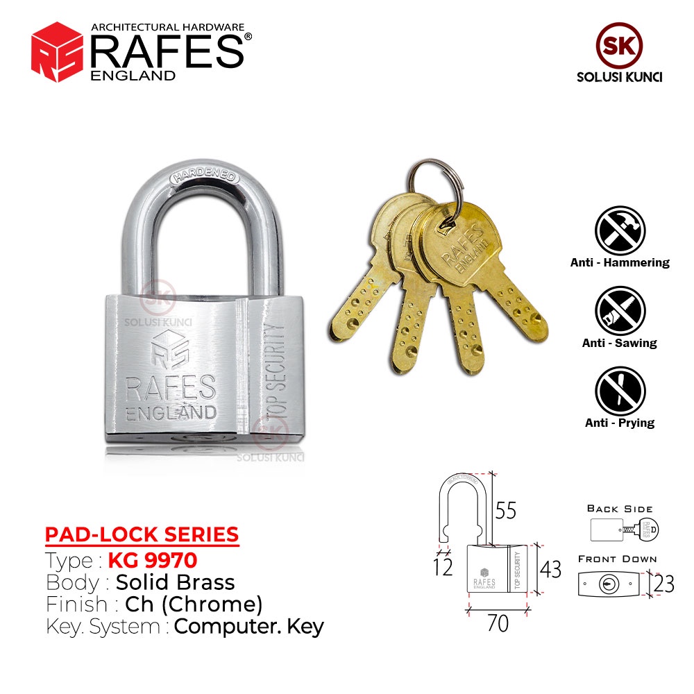 Jual Gembok RAFES ENGLAND Single Padlock Solid Brass 70mm (GKC 1070 ...