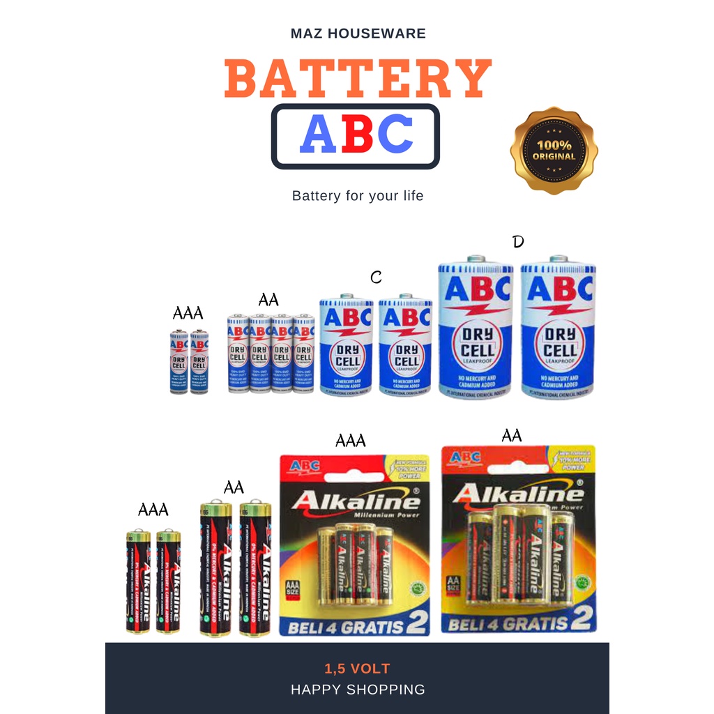 Jual Baterai / Battery ABC Alkaline AA (A2), AAA (A3), C , D ukuran (1 ...