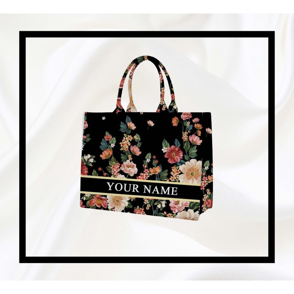Jual Tas Nama Custom Print Motif Bunga Background Warna Hitam | Shopee ...