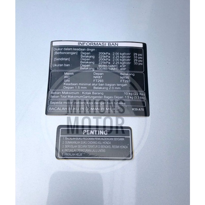 Jual sticker warning peringatan penting informasi ban honda motor ...