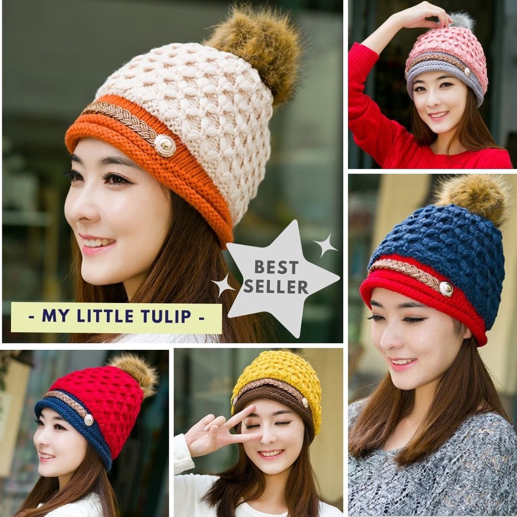 Jual Topi Kupluk Rajut Wanita Dewasa Mama Ibu Korea Style Pom2 Musim ...
