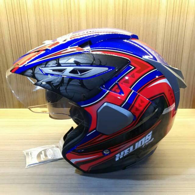 Jual Helm Pria Half Face Double Visor Anti Pecah SNI Helios Blue Red ...
