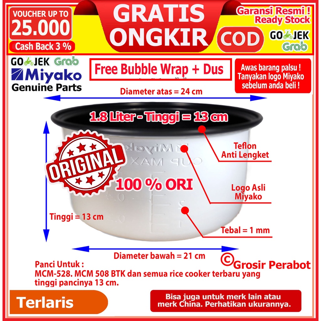 Jual PANCI MAGIC COM MIYAKO 1.8 LITER TINGGI 13 CM - Panci Rice Cooker ...