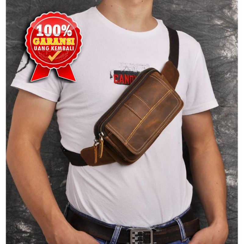 Jual Tas Pria Sling Bag || Tas Pinggang Kulit Asli || Waistbag Pria ...