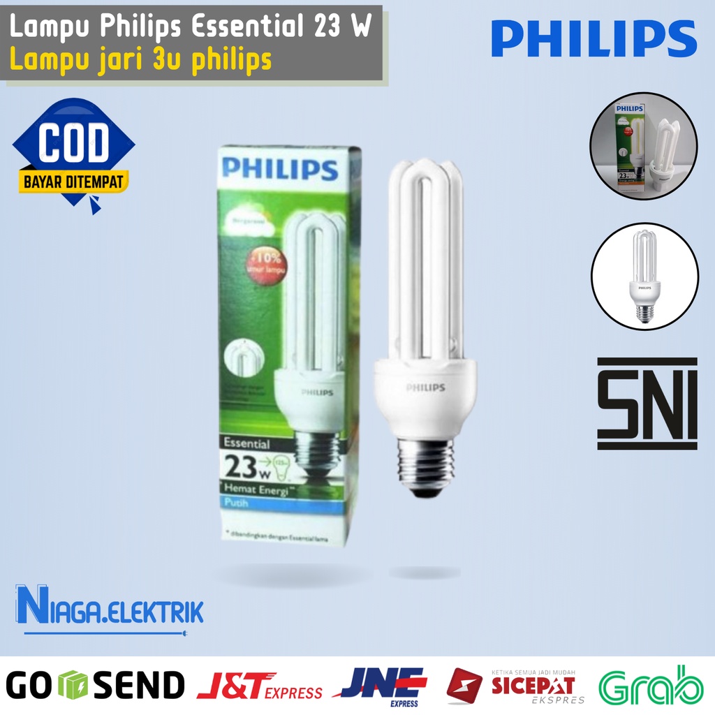 Jual Lampu philips essential 23w 23 watt lampu jari esensial 3 U bohlam cfl warna putih philips ...