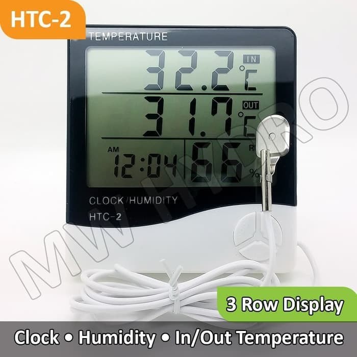 Jual Thermometer & Hygrometer HTC-2 - 3 Row Display - In/Out & Clock | Shopee Indonesia