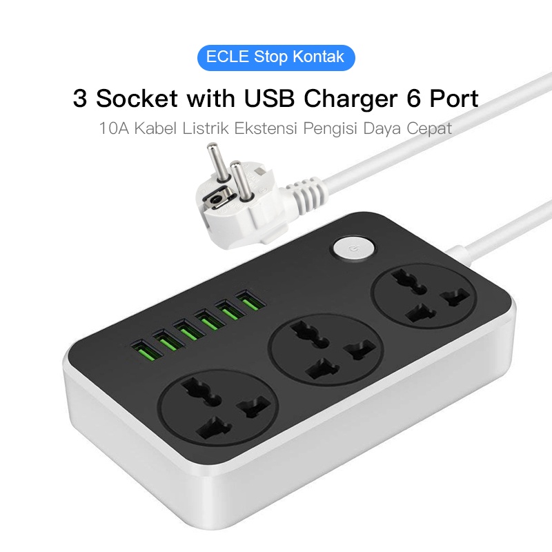 Jual DK13S ECLE Power Strip Stop Kontak Adapter 3 slot Power Socket & 6 USB Port 3.4A /2 Meter ...