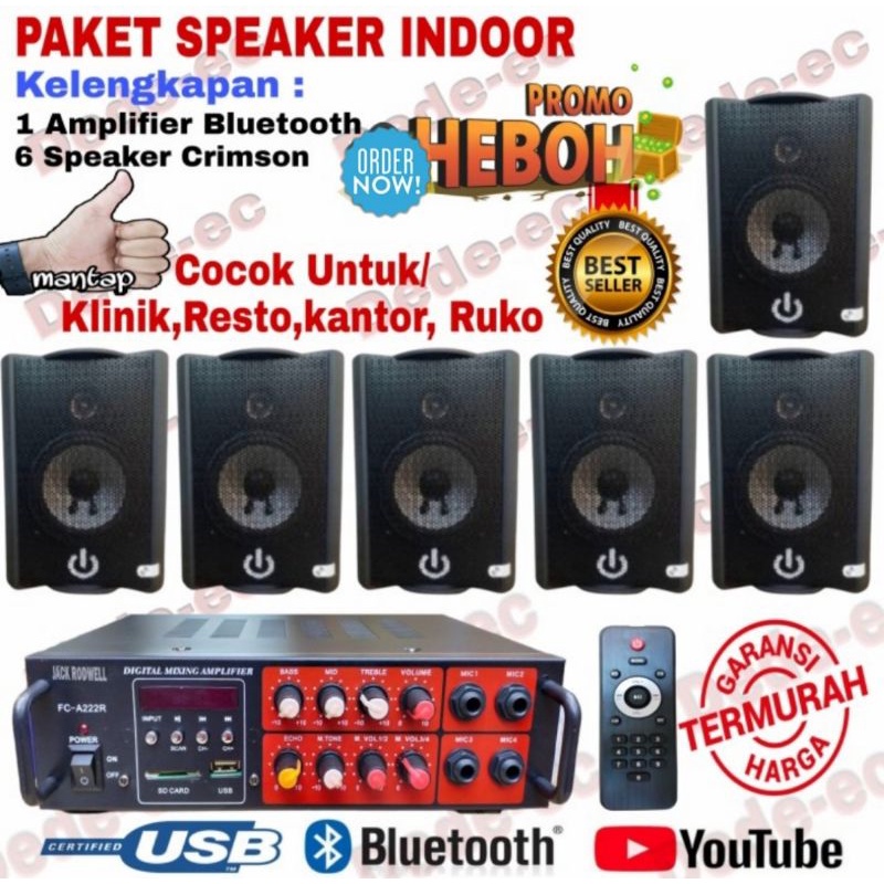 Jual Paket Sound system indoor cafe kantor hemat 6 titik speaker 4 inch+amplifier USB bluetooth ...