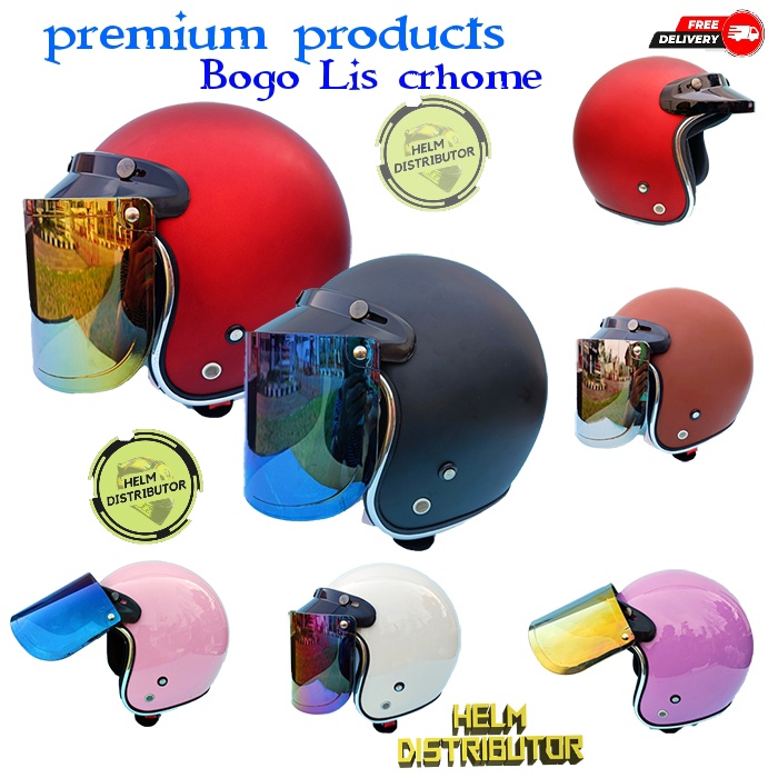 Jual HELM BOGO DEWASA LIS CHROME KACA DATAR SILVER, BIRU DAN GOLD ...