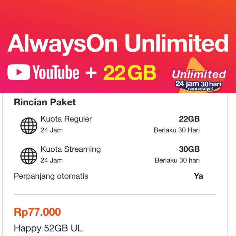 Jual INTERNET TRI 3 UNLIMITED YouTube 52GB Nasional | Shopee Indonesia