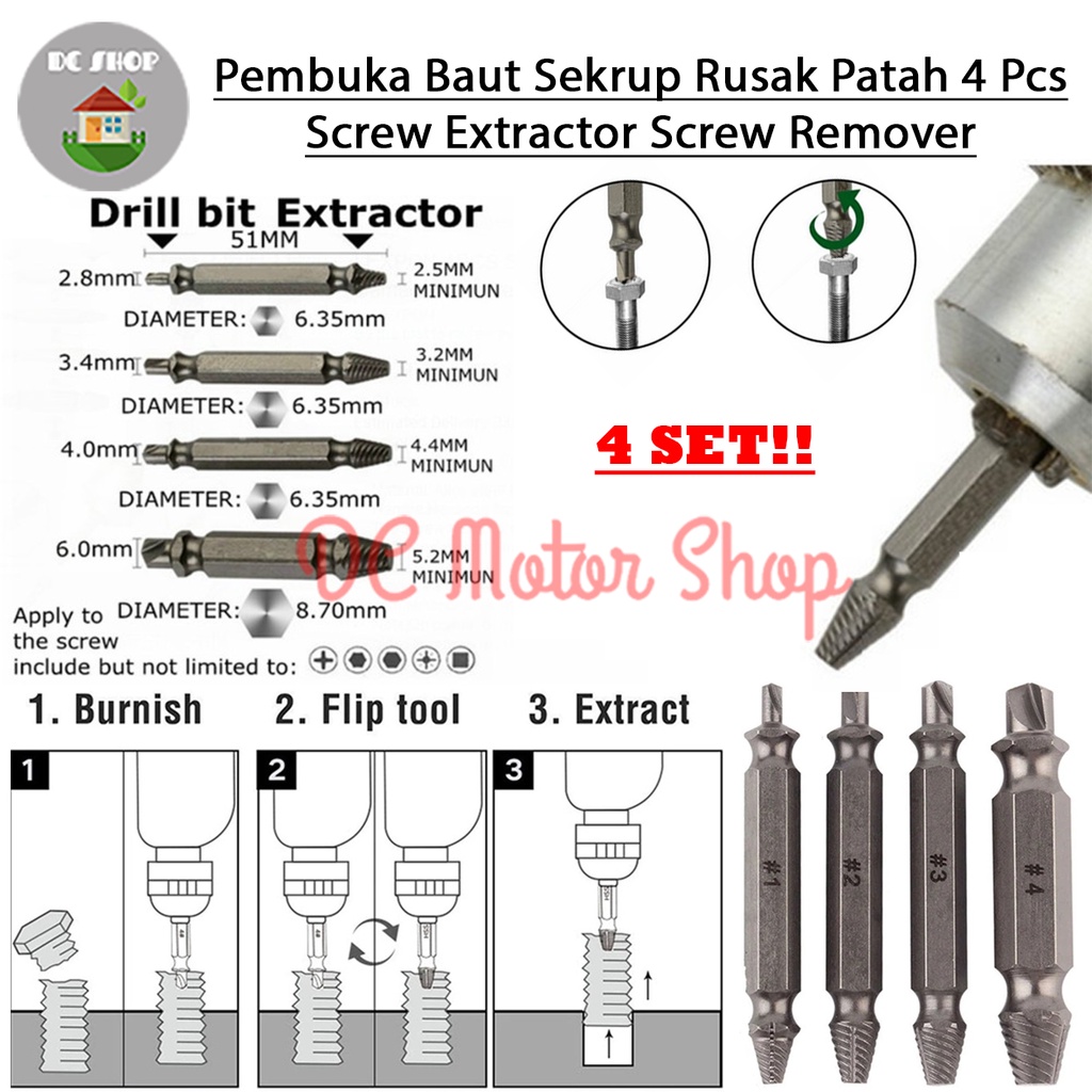 Jual Pembuka Baut Sekrup Rusak Patah 4 Pcs Screw Extractor Screw ...