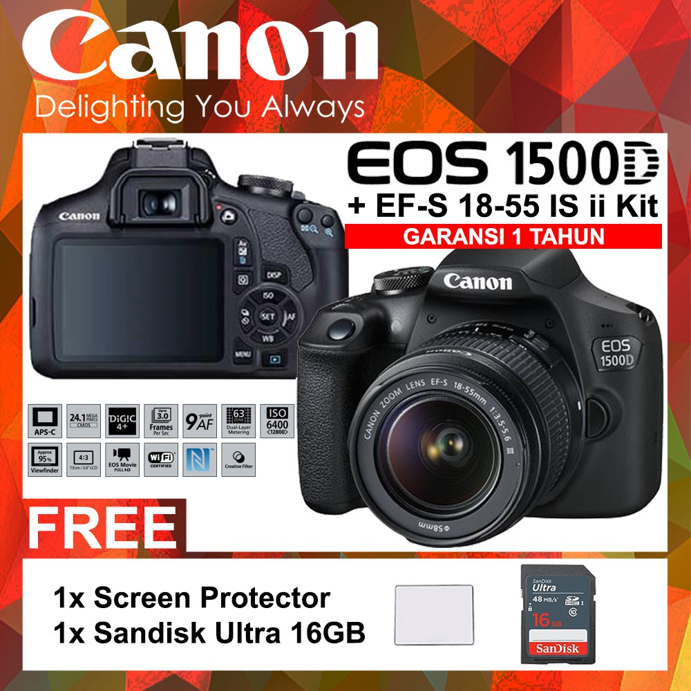 Jual Canon EOS 1500D Kit EF-S 18-55mm IS II Resmi - Paket 1 | Shopee Indonesia
