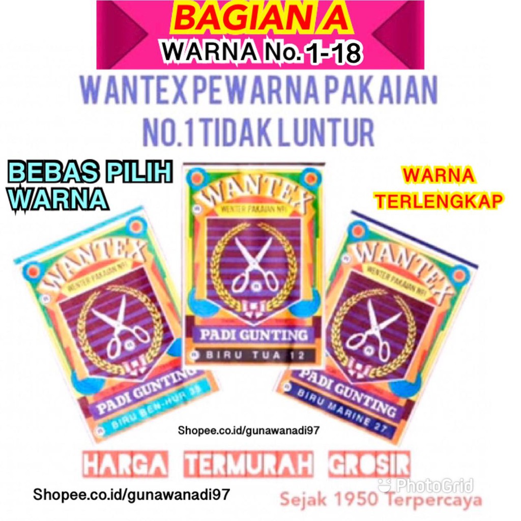 Jual [A] Wantex pewarna pakaian kain 1-18 wantex wenter cap padi ...