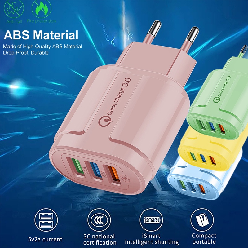 Jual Charger Adaptor QC3.0 3USB Port Fast Charging Adapter Macaron ...