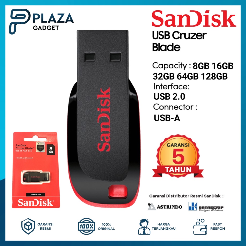 Jual SanDisk Cruzer Blade CZ50 USB Flash Drive 8GB 16GB 32GB 64GB 128GB ...